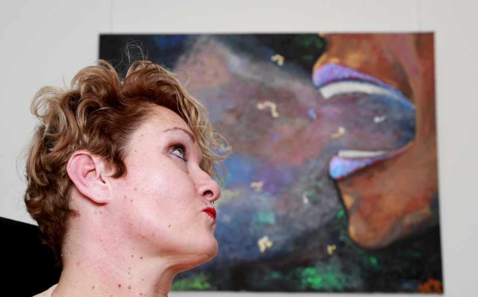Alison Lapper MBE pouts in front of her mouth painting of singer Alesha ...